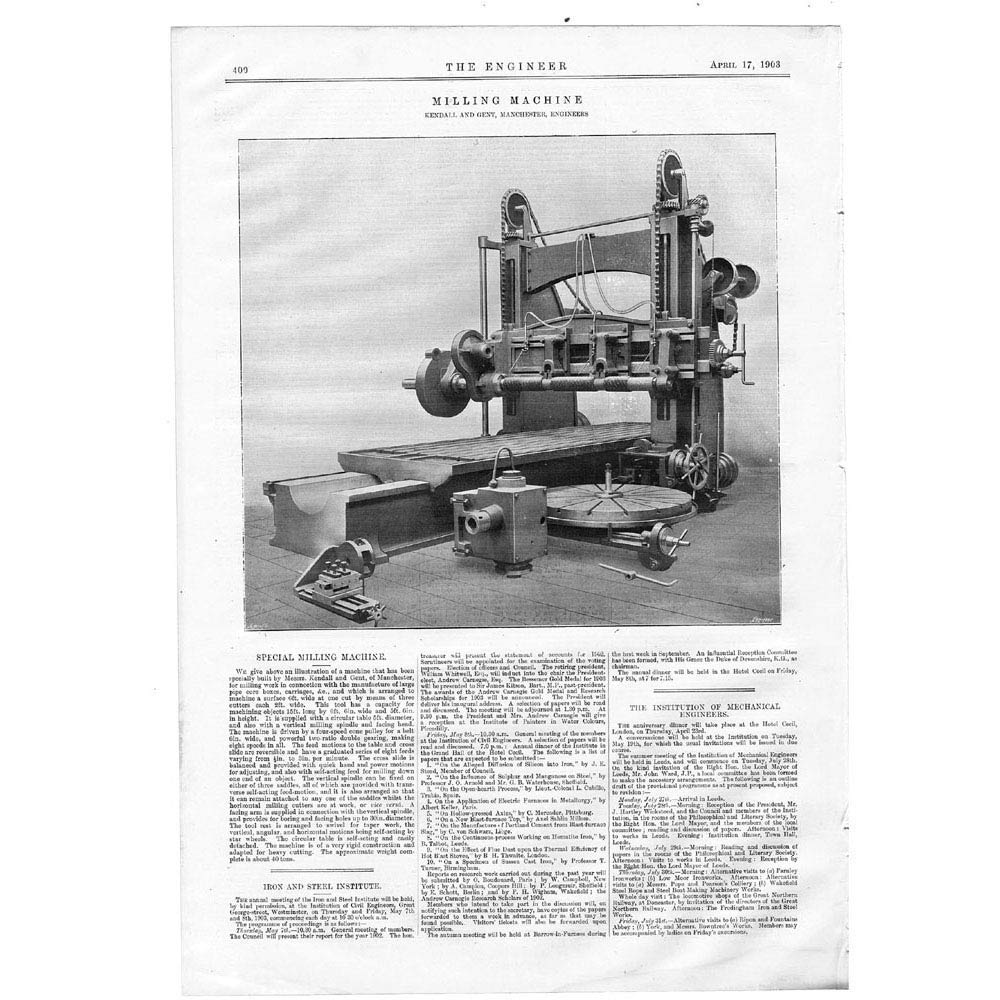1903 Engineering Antique Print - Milling Machine by Kendall and Gent ...